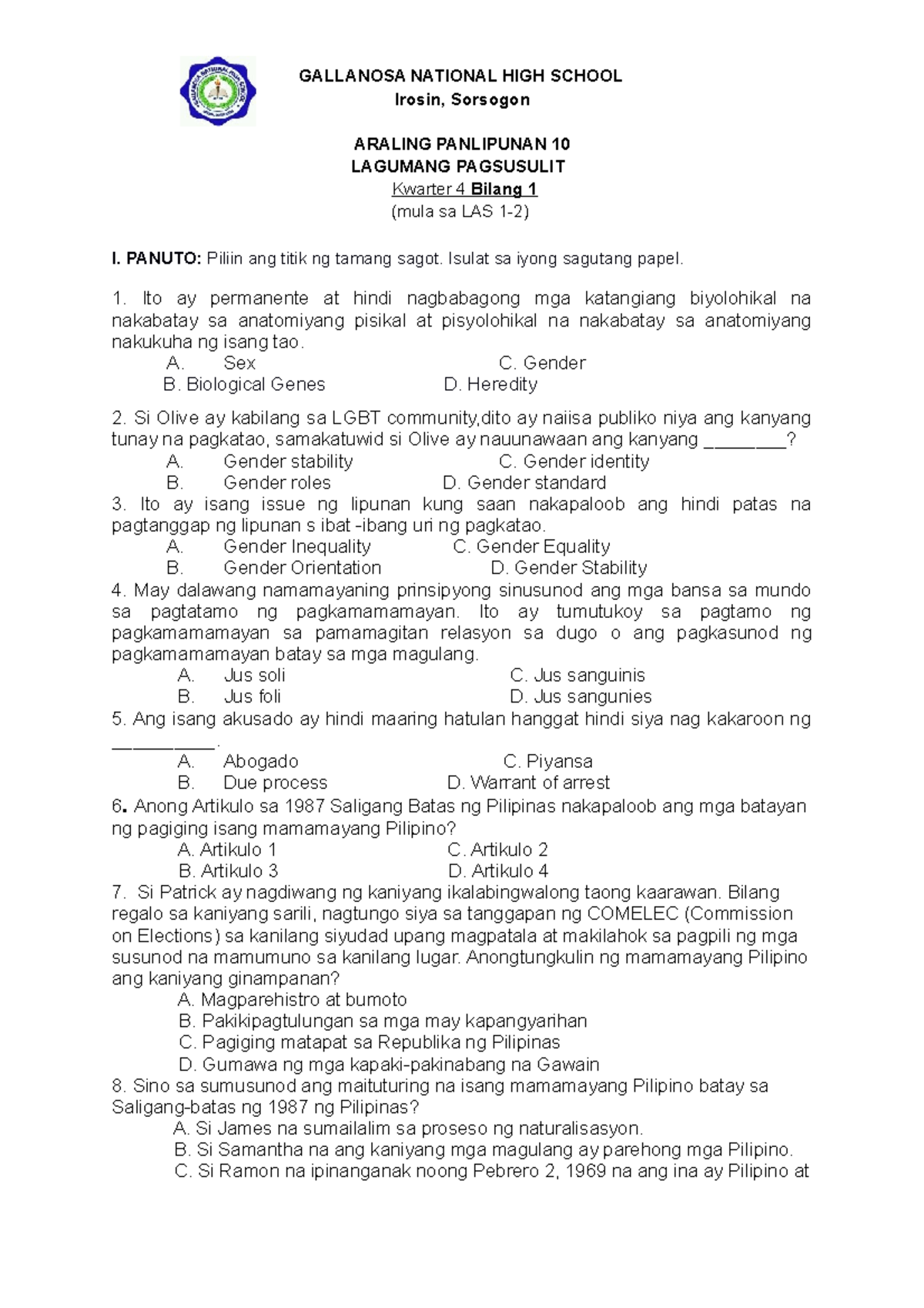 Lagumang Pagsusulit Quarter 4 NO.1 - GALLANOSA NATIONAL HIGH SCHOOL ...