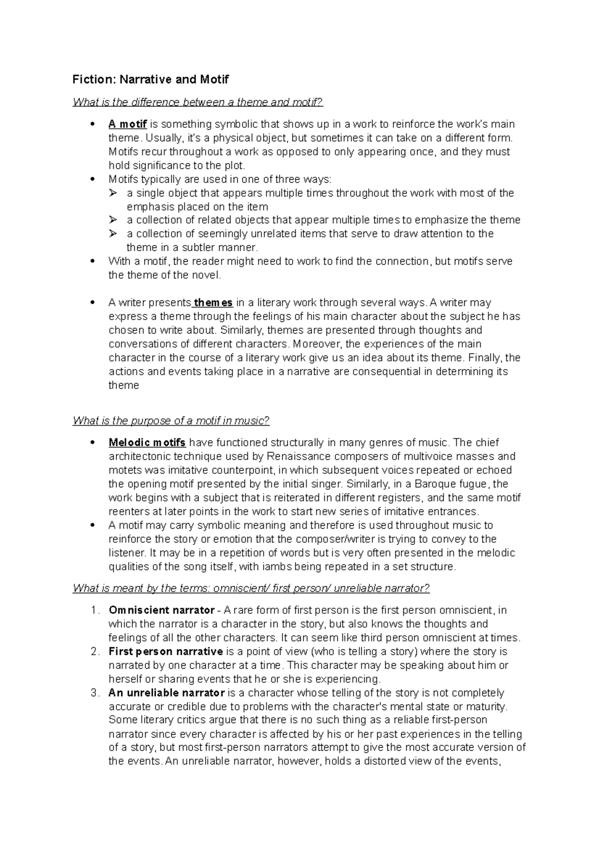 Fiction - narrative and motif Q's - Fiction: Narrative and Motif What ...