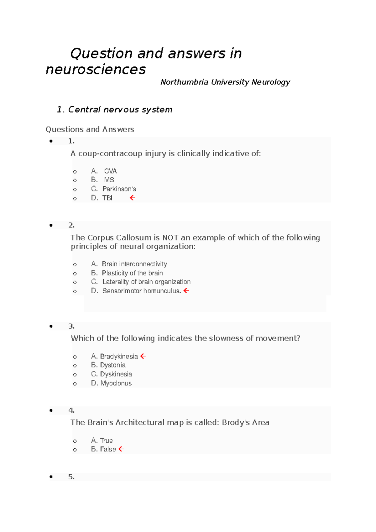 Question and answers in neurosciences , second year students - Question ...