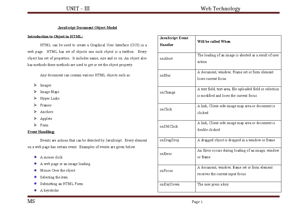 UNIT-III - JavaScript Document Object Model - JavaScript Document Object Model Introduction to ...