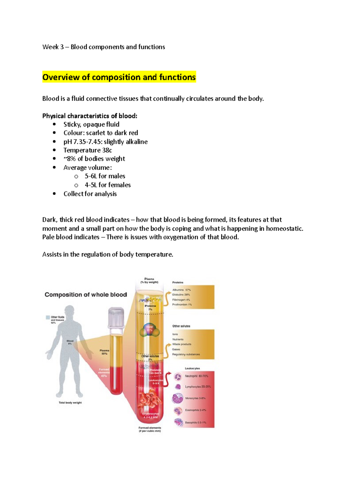 Week 3 lecture notes - Week 3 – Blood components and functions Overview ...