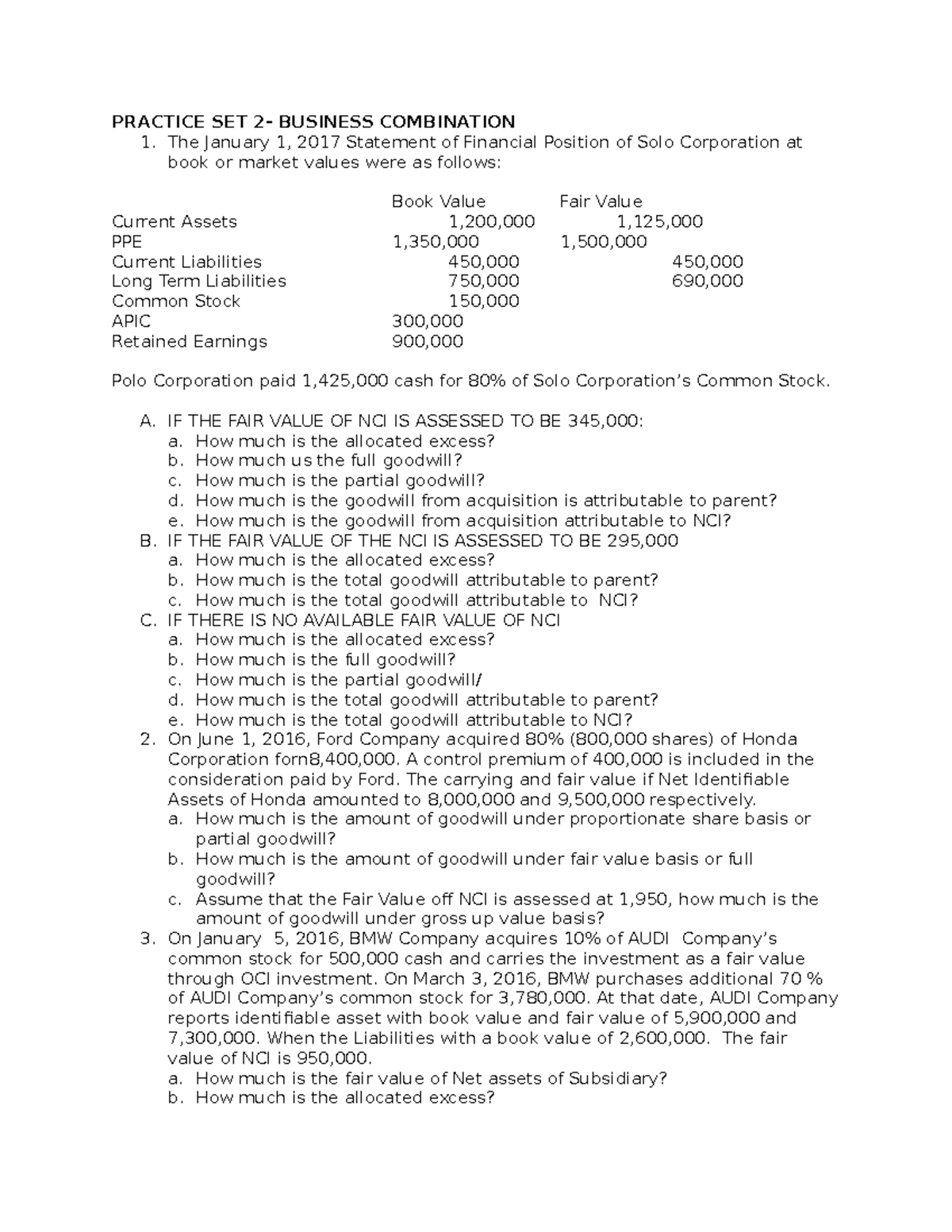 Practice SET 2 ABC - ywywgs - PRACTICE SET 2- BUSINESS COMBINATION The January 1, 2017 Statement ...
