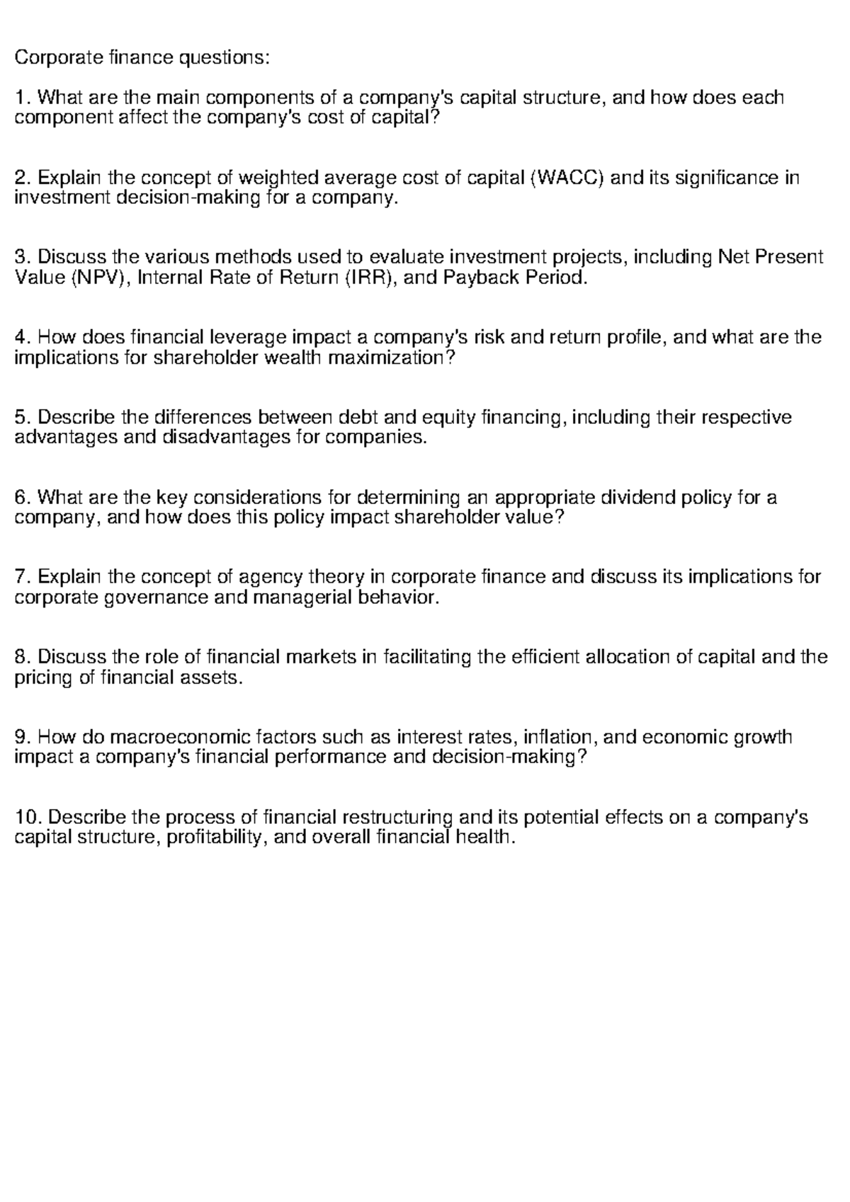 Corporate finance questions- 1 - Corporate finance questions: What are ...