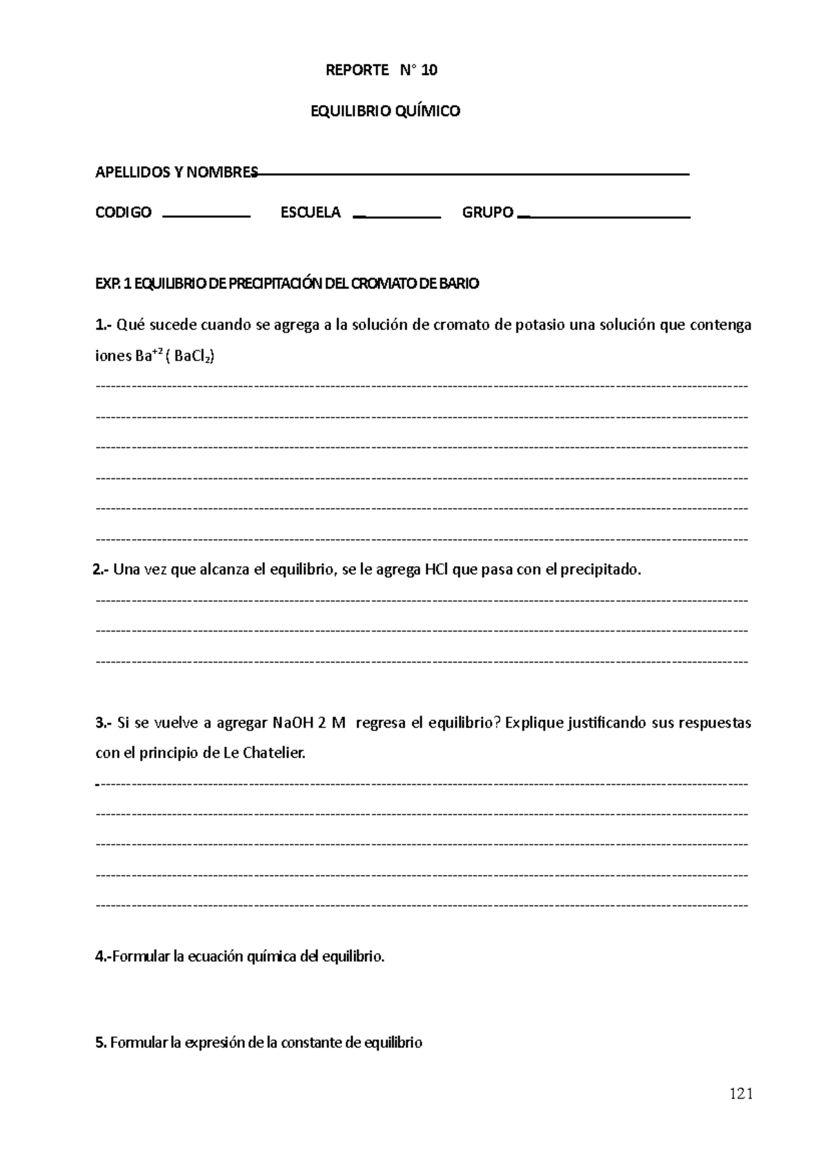 Reporte No 10 Equilibrio Químico - REPORTE N° 10 EQUILIBRIO QUÍMICO ...