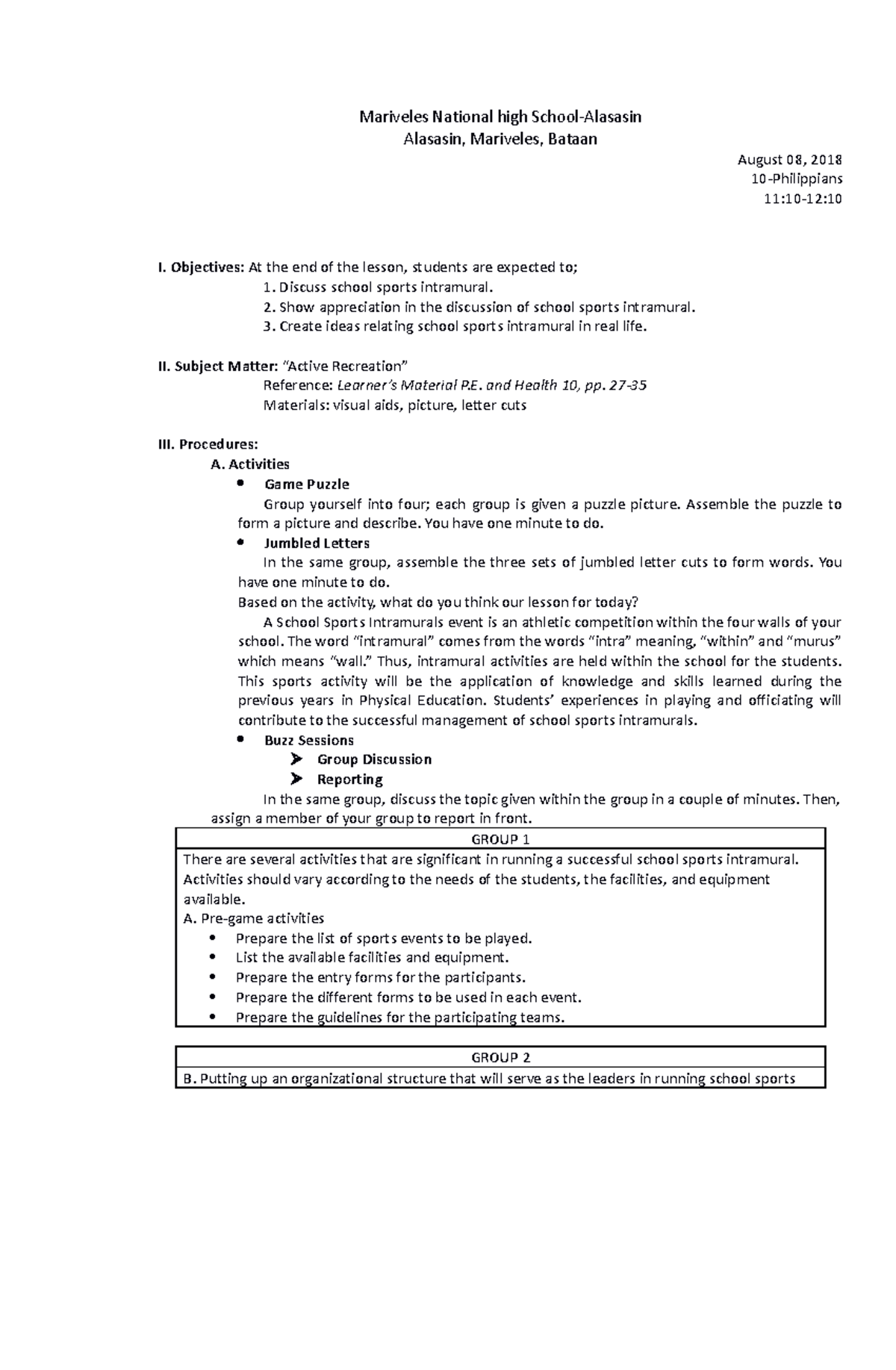 416692278 Lesson Plan in Mapeh 10 1st Quarter - Mariveles National high ...