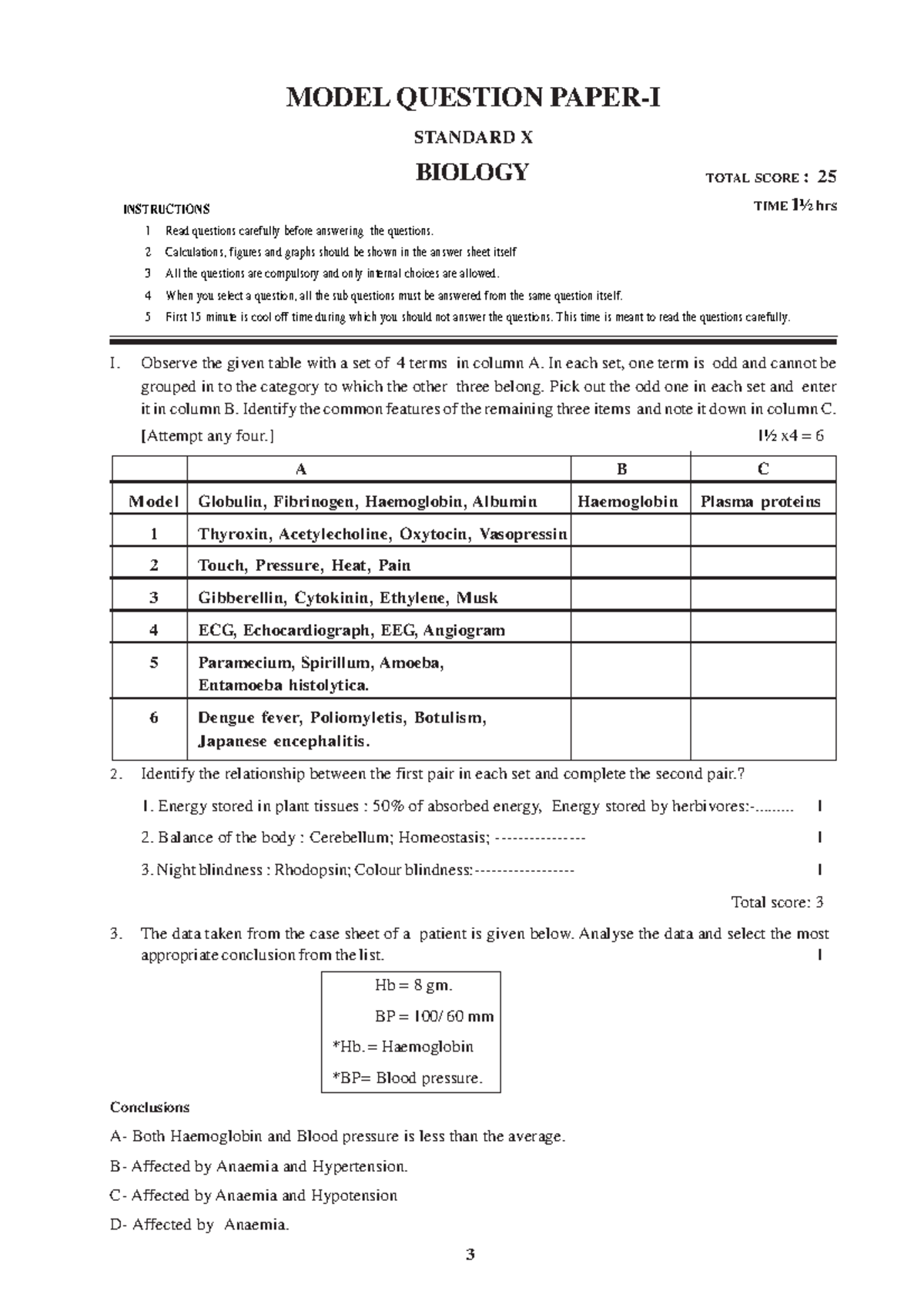 SSLC Biology Question Answer I Observe The Given Table With A