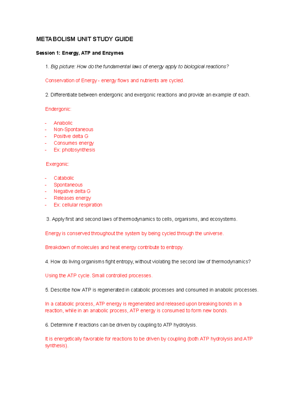 Metabolism Study Guide 2021 - METABOLISM UNIT STUDY GUIDE Session 1 ...
