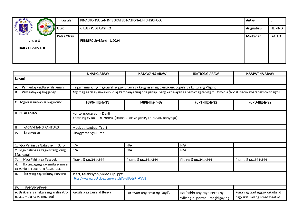 Q3-DLL-Filipino 8 week5 - GRADE 8 DAILY LESSON LOG Paaralan PINAGTONGULAN INTEGRATED NATIONAL ...