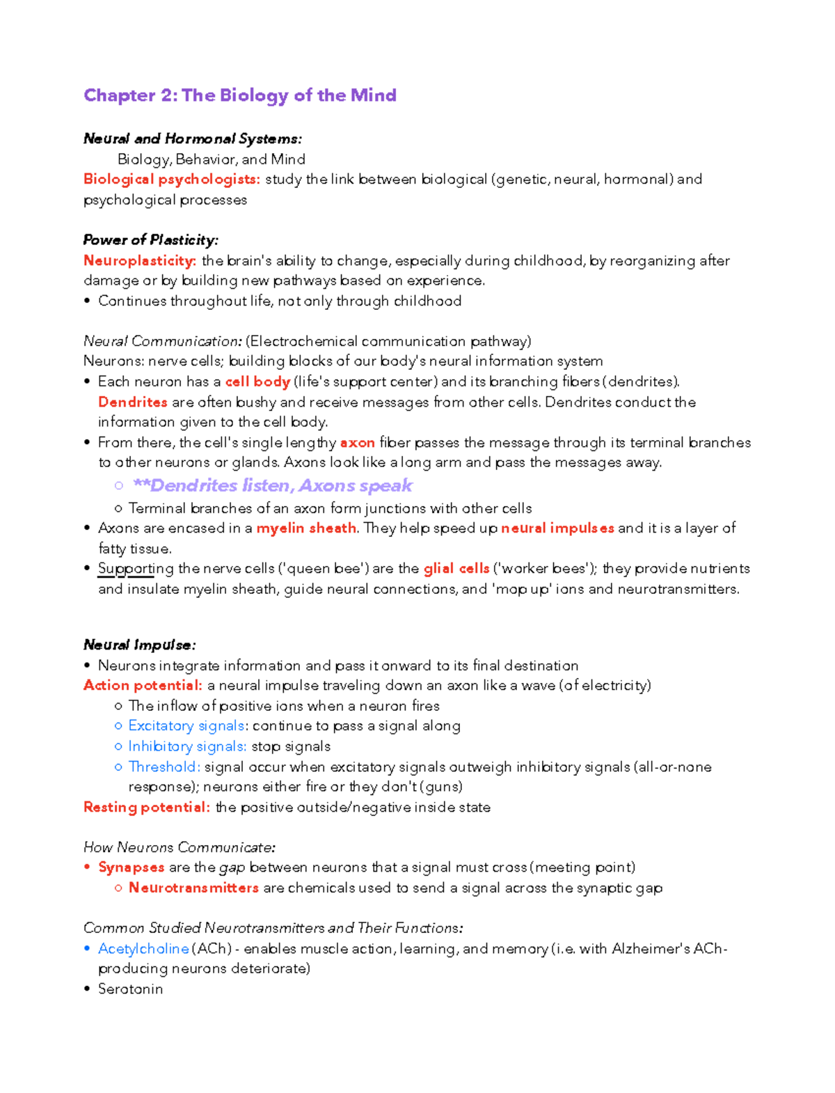 Chapter 2 notes PSYC1000 - Chapter 2: The Biology of the Mind Neural ...
