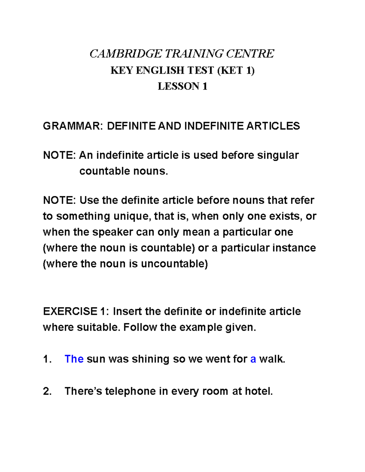KET 1 2021 Lesson 1 160121 - CAMBRIDGE TRAINING CENTRE KEY ENGLISH TEST ...
