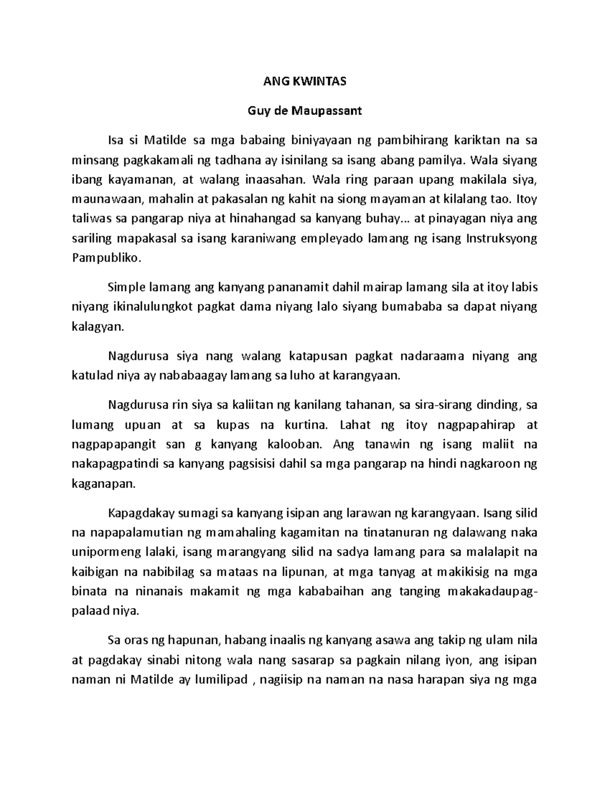 69098695-ANG- Kwintas - ANG KWINTAS Guy de Maupassant Isa si Matilde sa ...