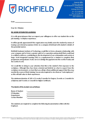 WIL Letter - Date: Dear Sir / Madam RE: WORK INTEGRATED LEARNING It is ...