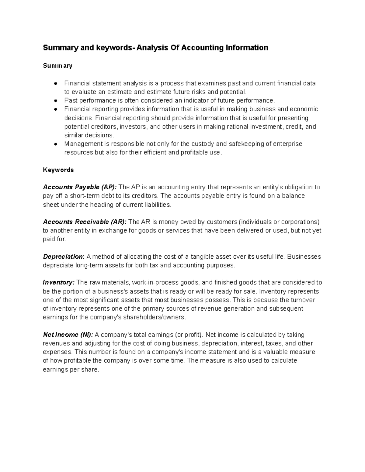 Summary and keywords- Analysis Of Accounting Information - Past ...