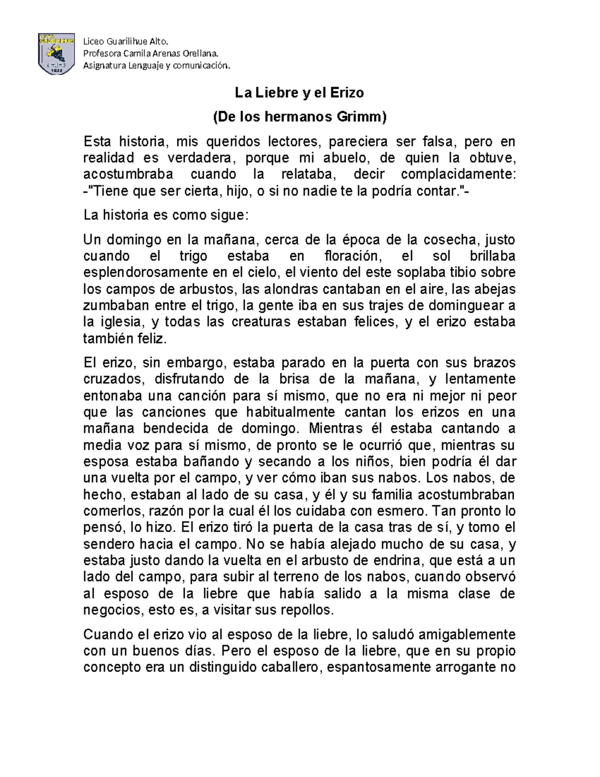 La Liebre y el Erizo - cuento para niños - Profesora Camila Arenas ...
