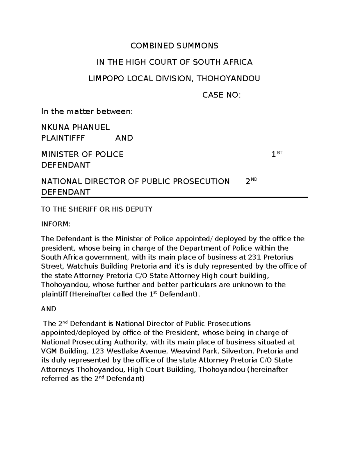 Combined Summons Nkuna Phanuel - COMBINED SUMMONS IN THE HIGH COURT OF SOUTH AFRICA LIMPOPO ...