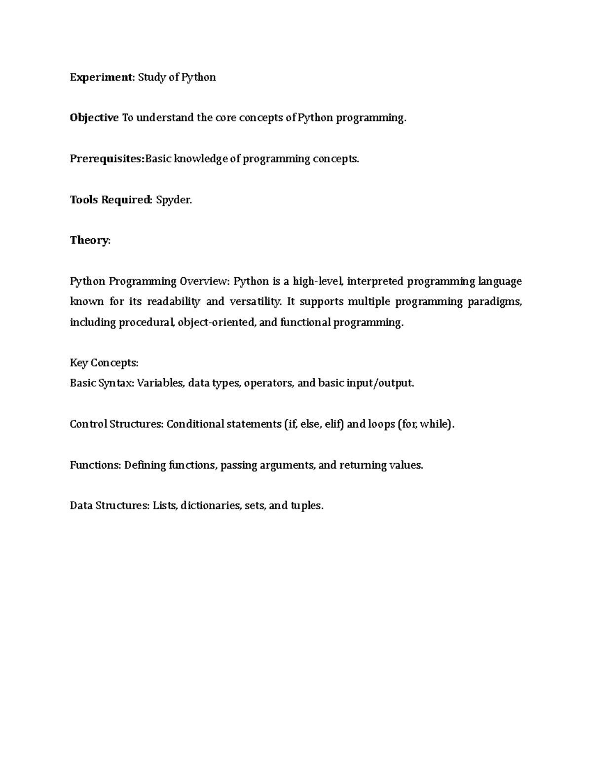 AI EXP I 240828 140227 - AI LAB Exp No I - Experiment: Study of Python Objective To understand ...