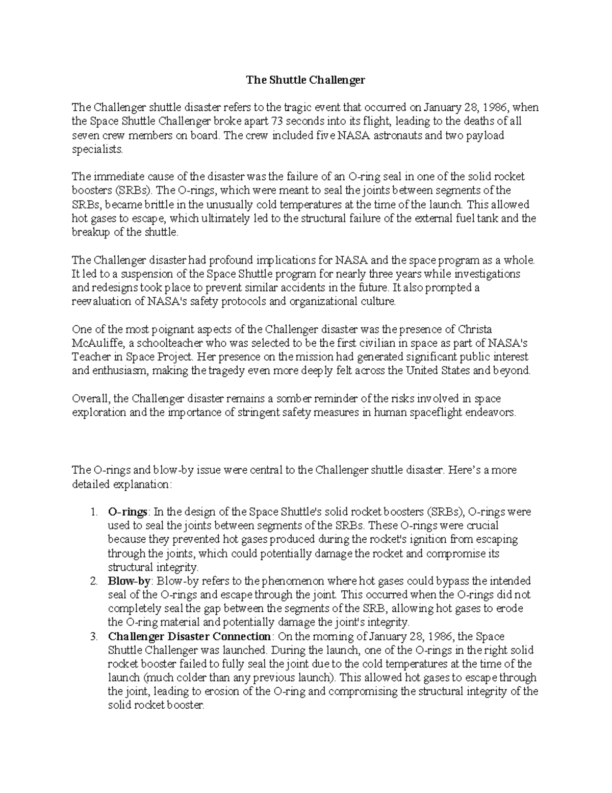 Challenger Shuttle Disaster Information - The Shuttle Challenger The ...