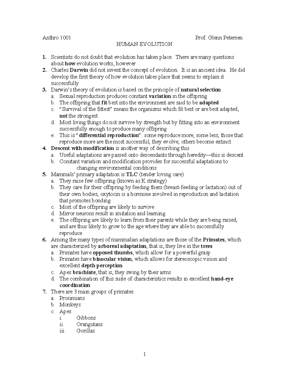 Human evolution outline rev 0812 - Anthro 1001 Prof. Glenn Petersen ...