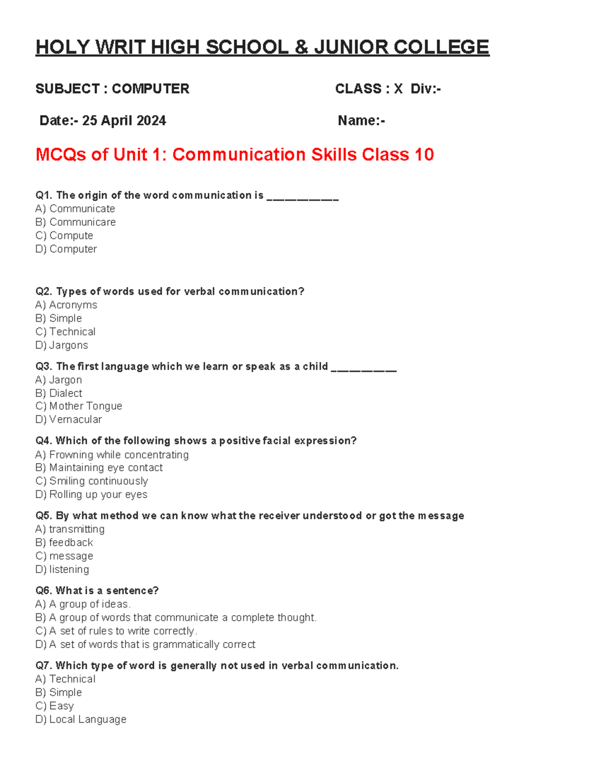 10th assigment - HOLY WRIT HIGH SCHOOL & JUNIOR COLLEGE SUBJECT ...