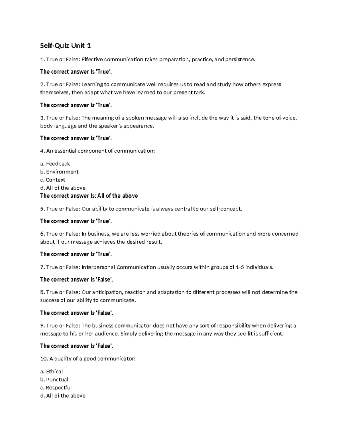 B C Self Quizzes - Self-Quiz Unit 1 True or False: Effective ...