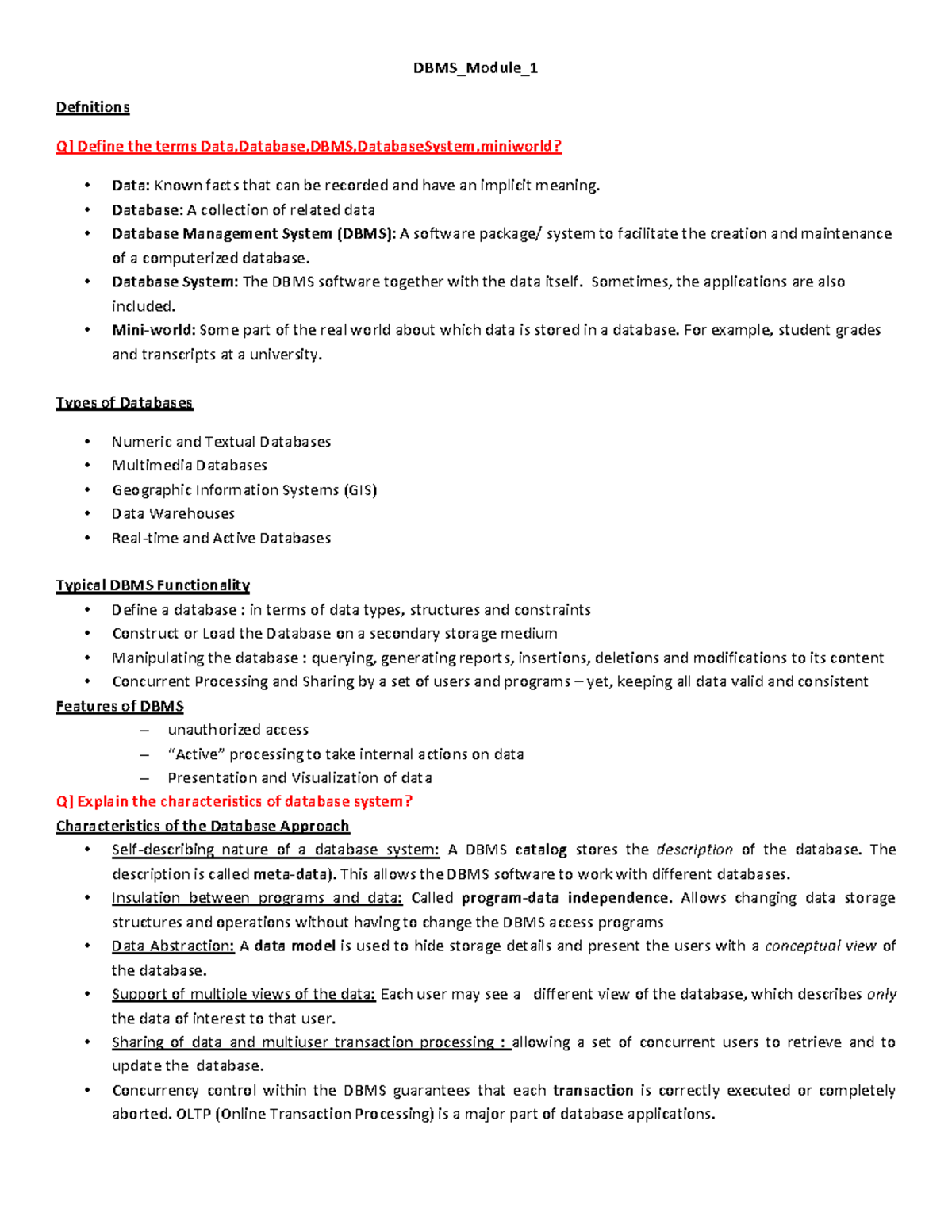 DBMS Module 1 notes - DBMS_Module_ Defnitions Q] Define the terms - Studocu