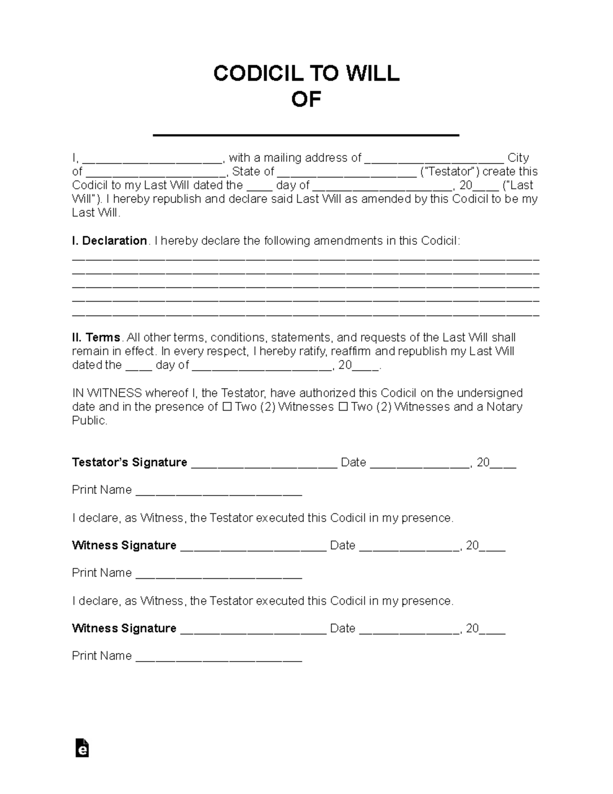 Codicil to Will Form - notes for reference - CODICIL TO WILL OF