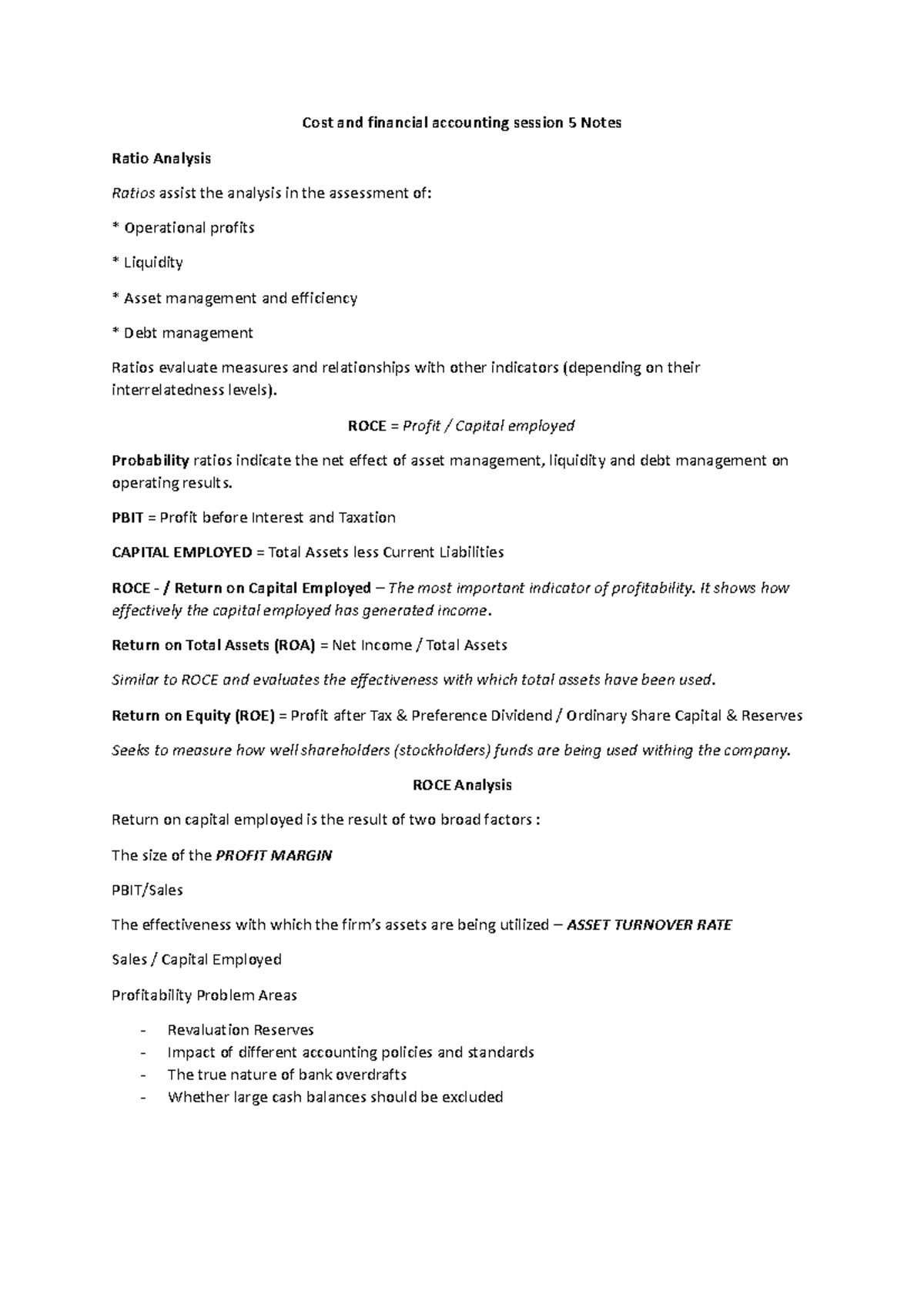 Cost and financial accounting session 5 Notes - ROCE = Profit / Capital ...