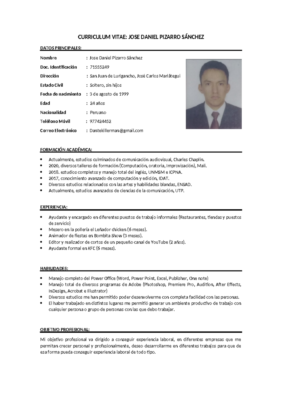 CV Jose Daniel Pizarro Sanchez - CURRICULUM VITAE: JOSE DANIEL PIZARRO ...