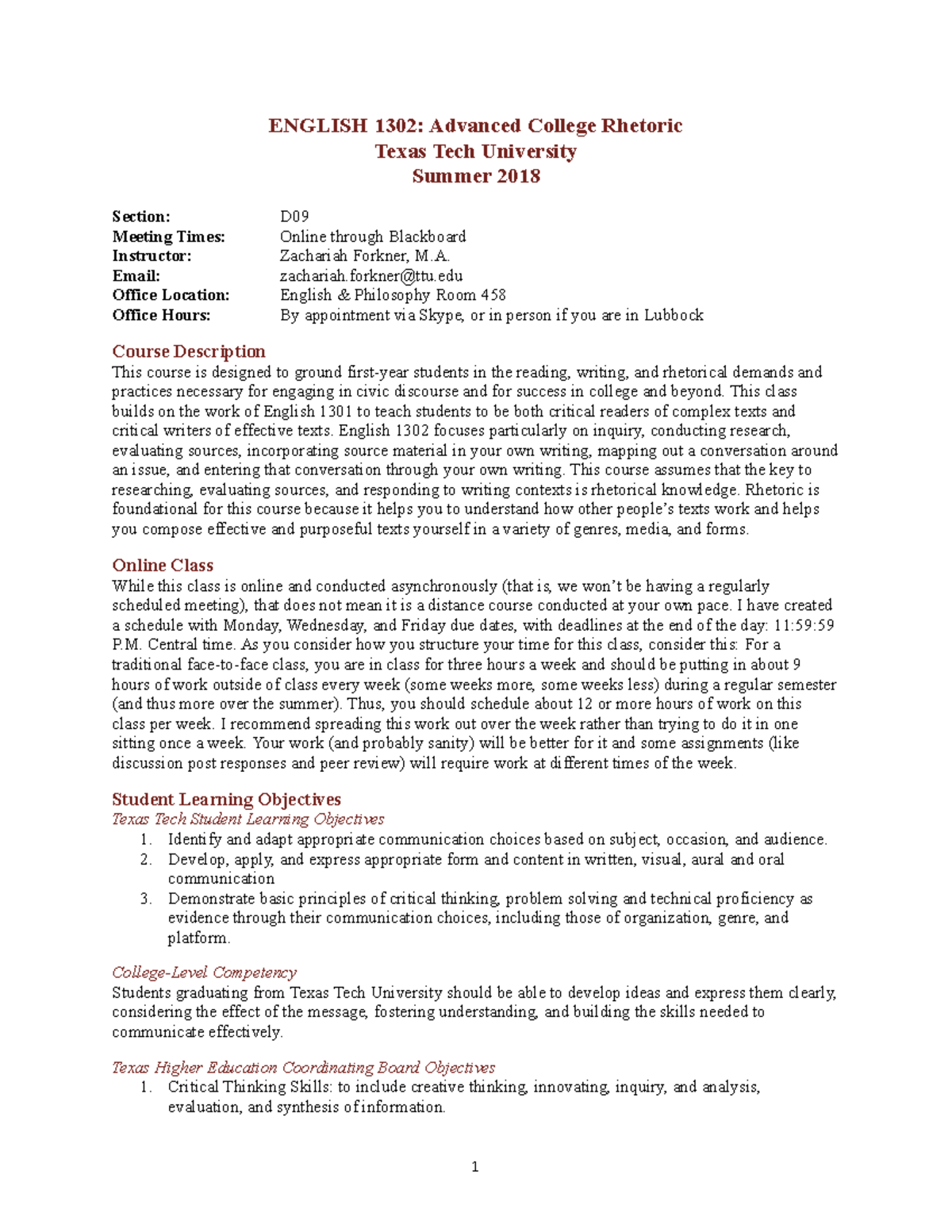 ENGL 1302 - Section D09 - Syllabus - Summer 2018 - Online - ENGLISH ...