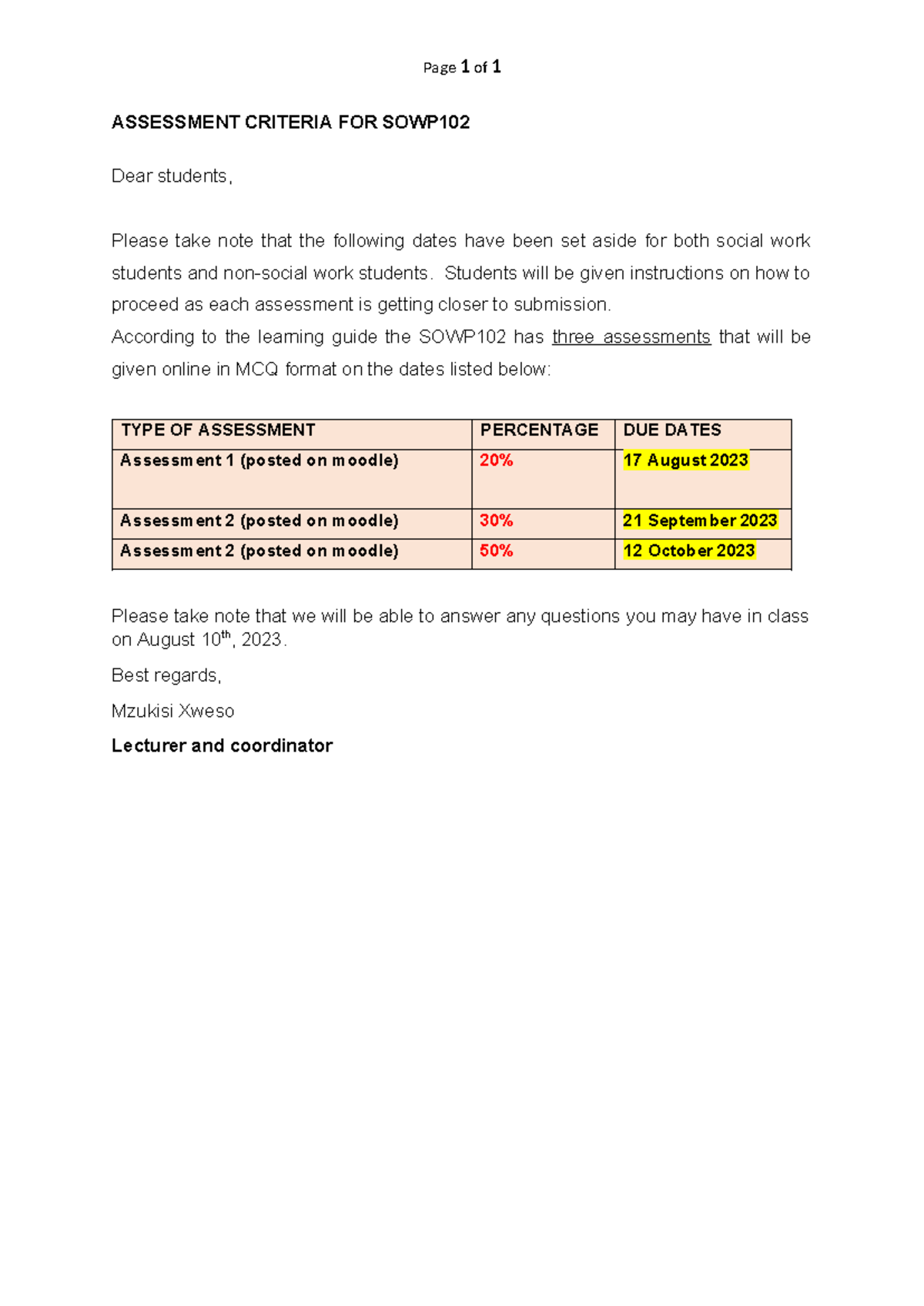 Assessment dates SOWP102 2023 - Page 1 of 1 ASSESSMENT CRITERIA FOR ...