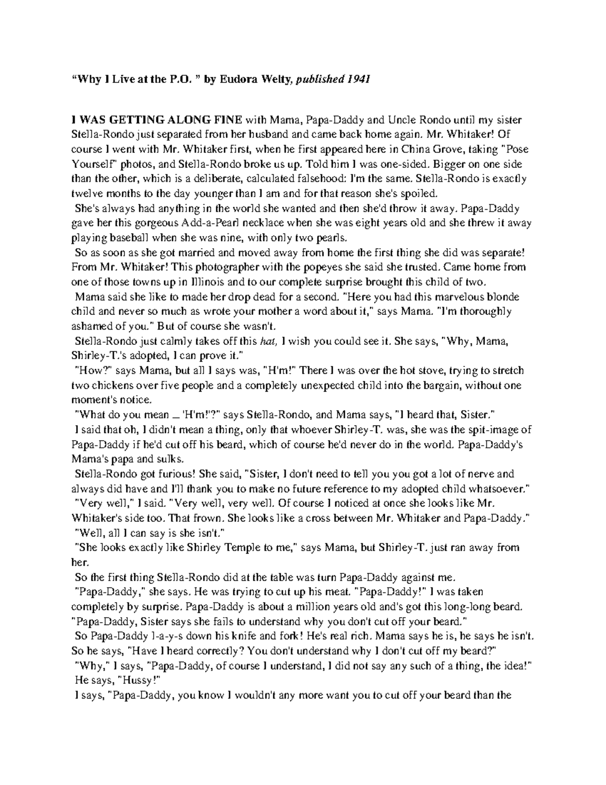 Why I Live at the PO - h2/ - “Why I Live at the P. ” by Eudora Welty ...