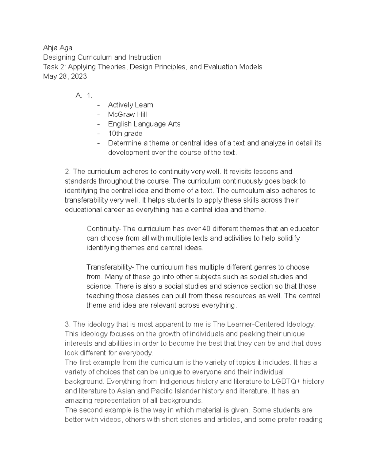 D183 Task 2 - Passed assignment. High School English - Ahja Aga ...