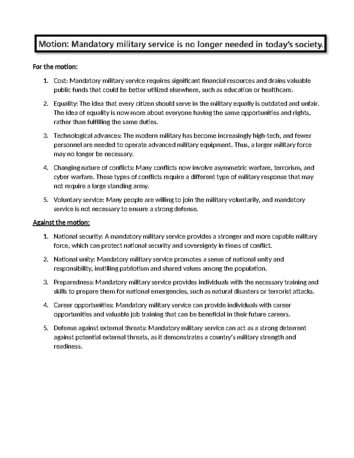 Unit 10 Military service sk - For the motion: 1. Cost: Mandatory ...