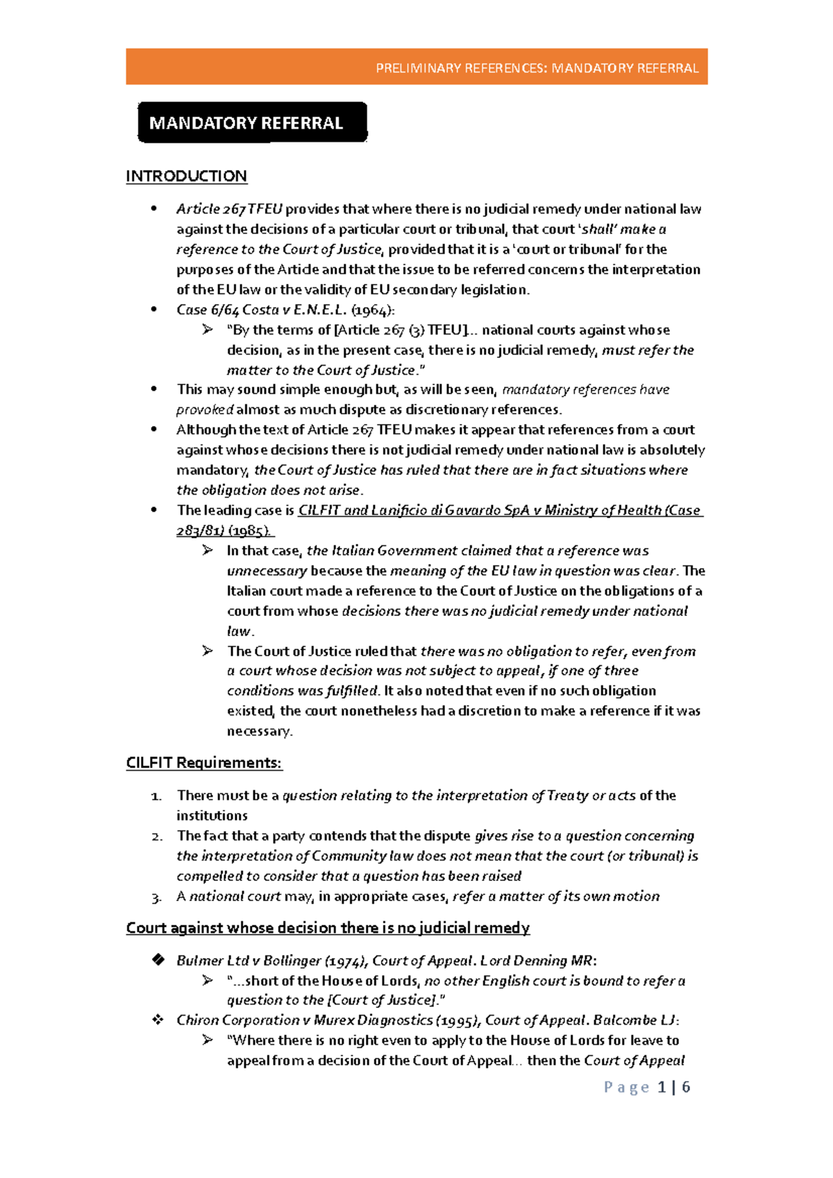 Mandatory References - Lecture Notes - INTRODUCTION Article 267 TFEU ...