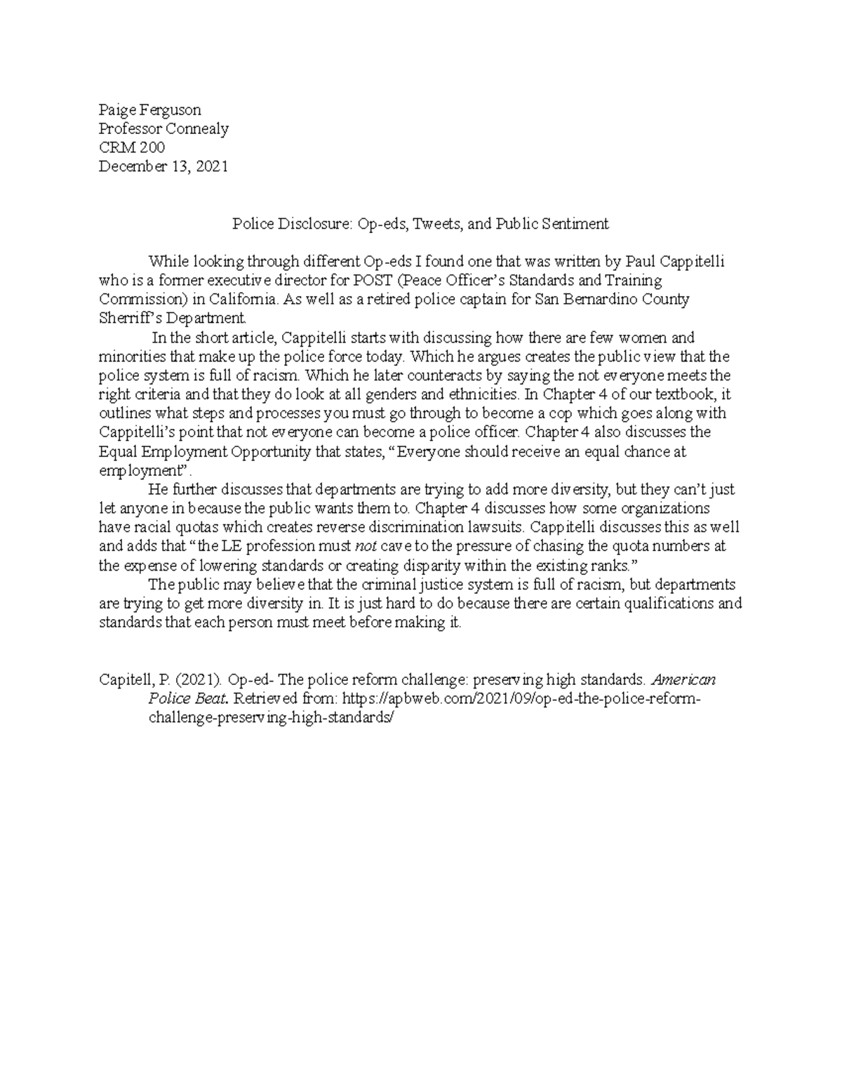 Police Disclosure - Paige Ferguson Professor Connealy CRM 200 December ...