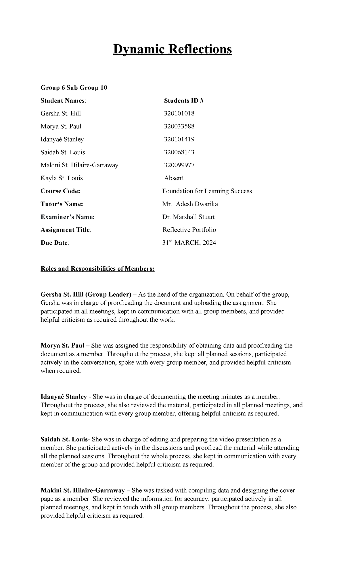 Coverpage FOUN1501- Group 6 - Dynamic Reflections Group 6 Sub Group 10 ...