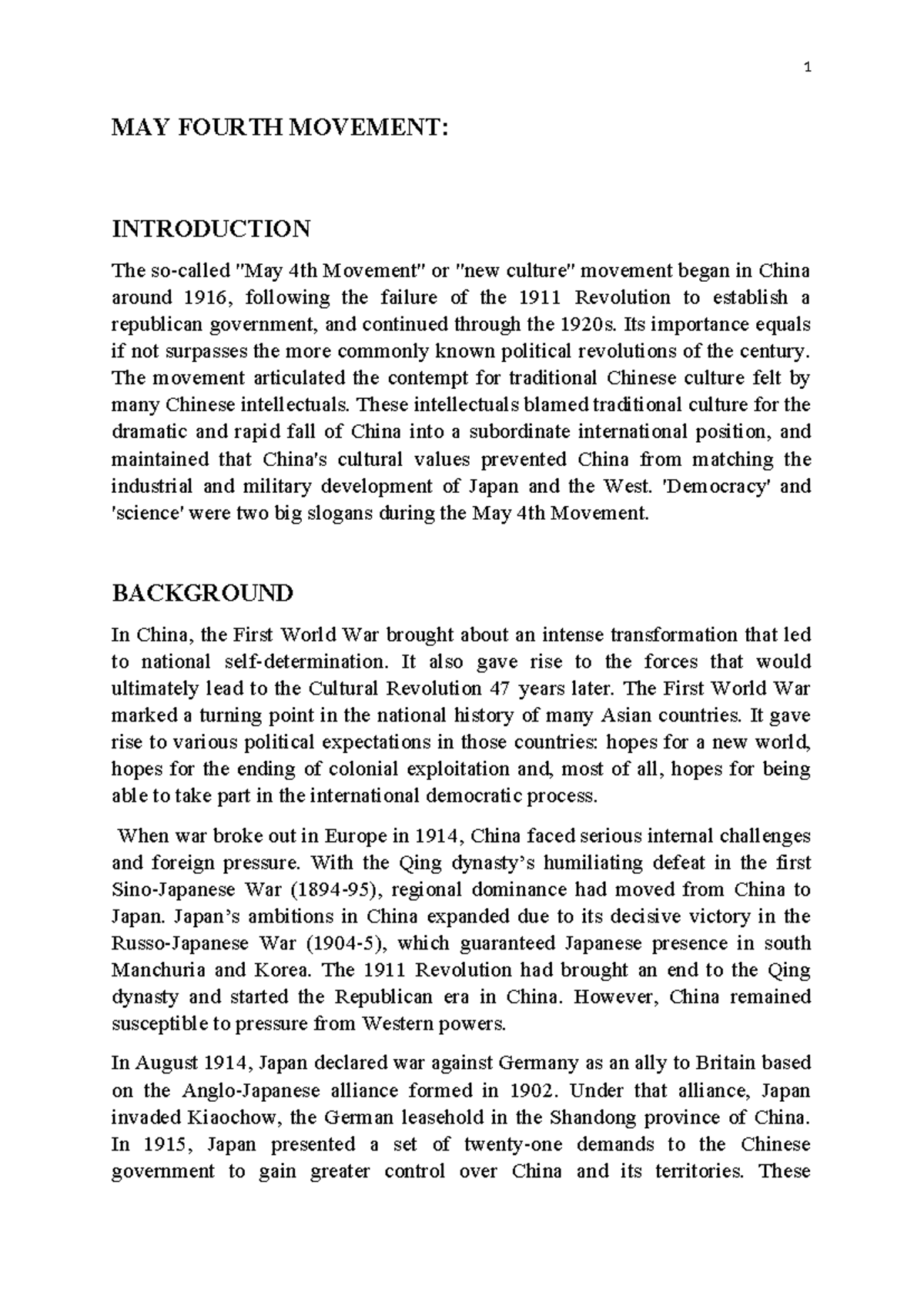 May 4th movement - MAY FOURTH MOVEMENT: INTRODUCTION The so-called "May ...