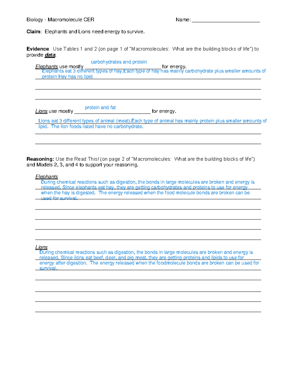 CER for Macromolecules Lab - Biology - Macromolecule CER Name ...