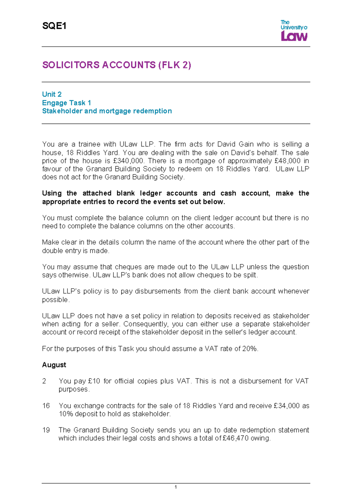 Solici accounts engage task - SOLICITORS ACCOUNTS (FLK 2) Unit 2 Engage ...