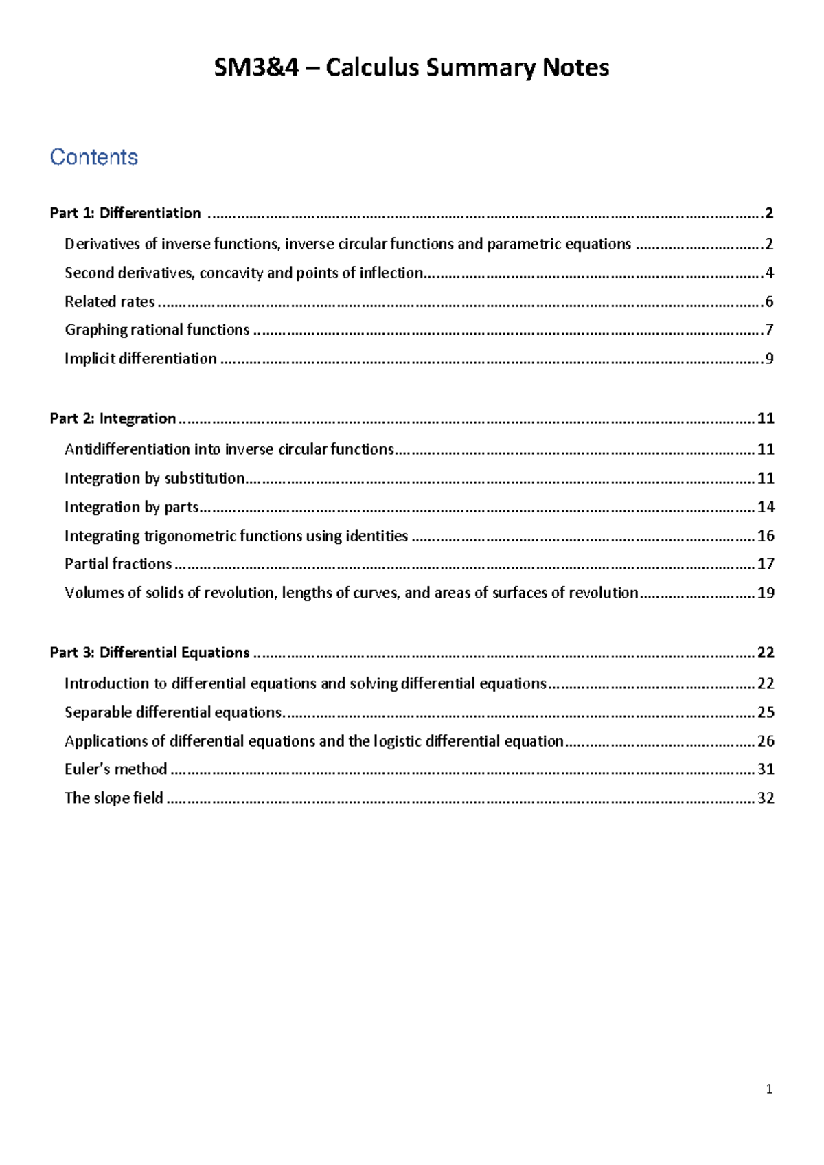 SM34 - Calculus Summary Notes - SM3&4 – Calculus Summary Notes Part 1 ...