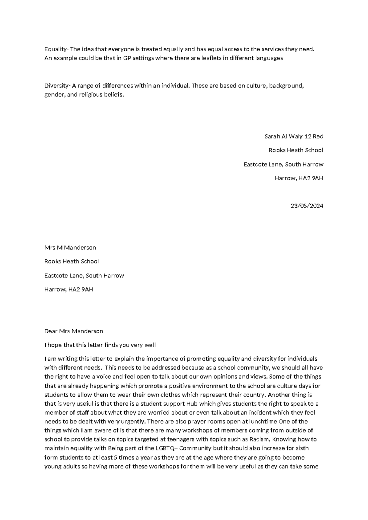 Equality AND Diversity Letter - Equality- The idea that everyone is ...