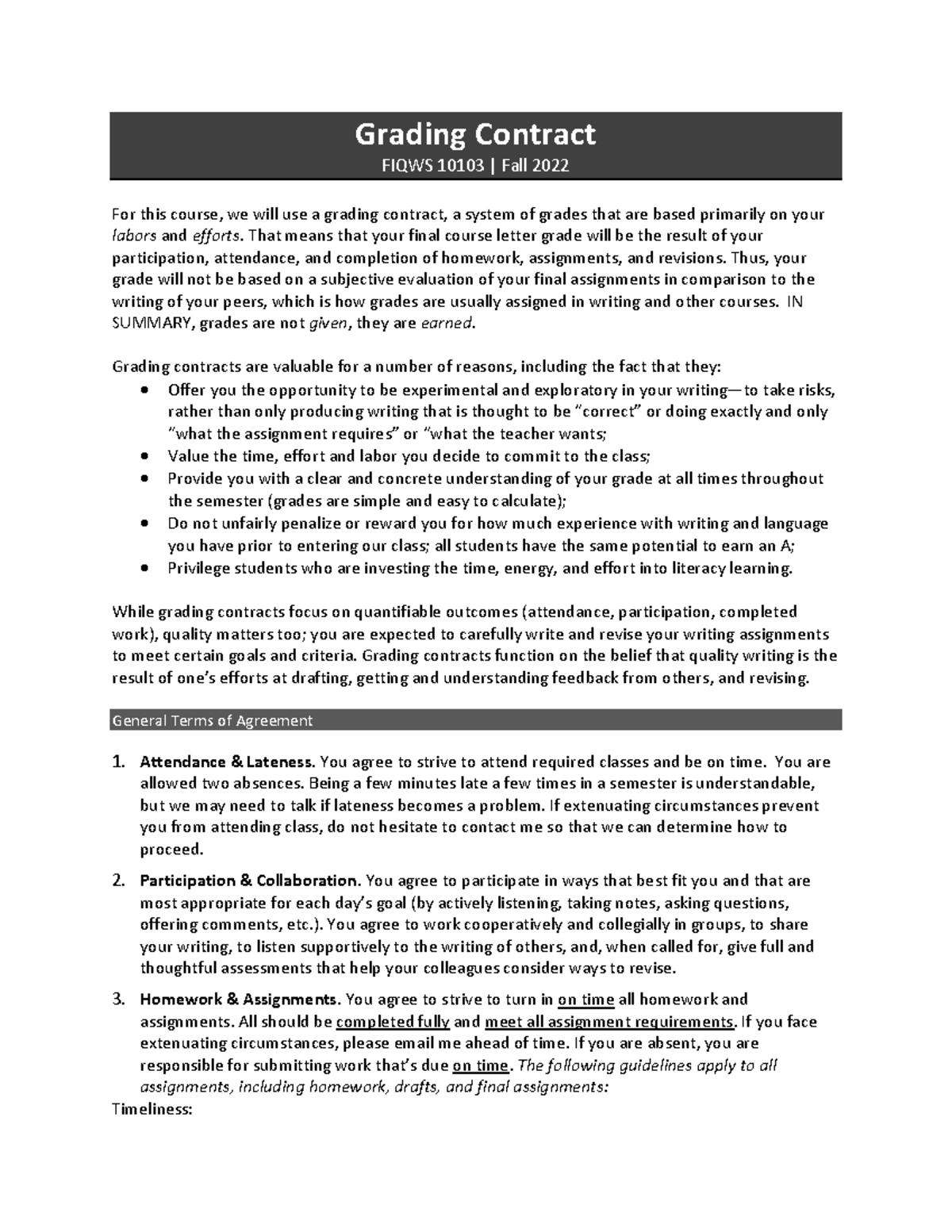 Grading contract - That means that your final course letter grade will ...