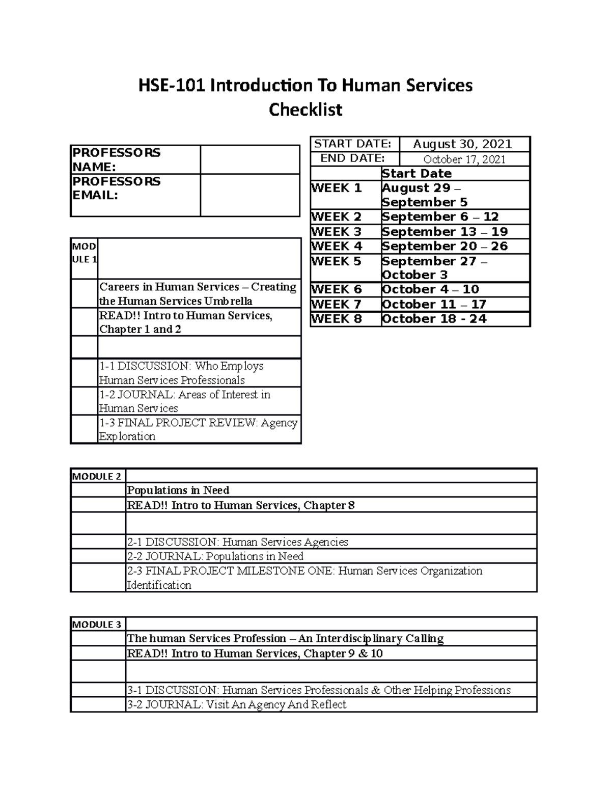 HSE-101 Checklist for term - HSE-101 Introduction To Human Services ...