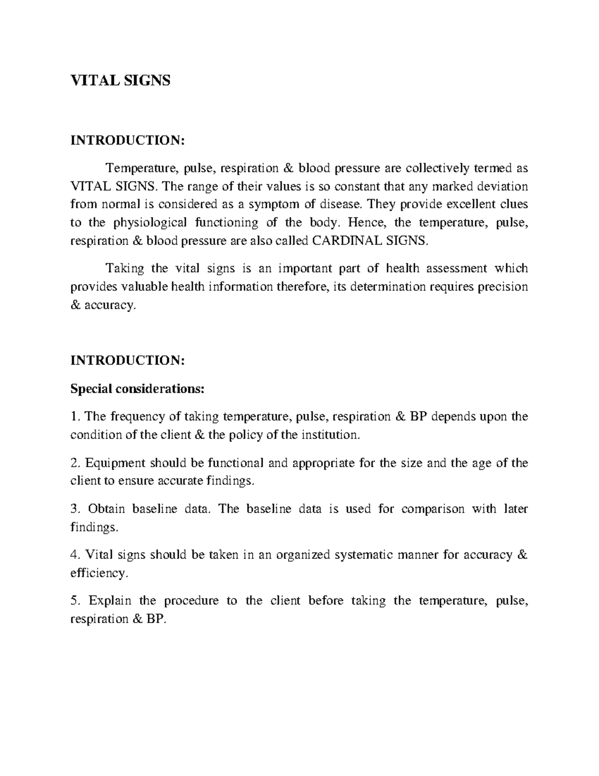 Vital Signs - VITAL SIGNS INTRODUCTION: Temperature, pulse, respiration ...