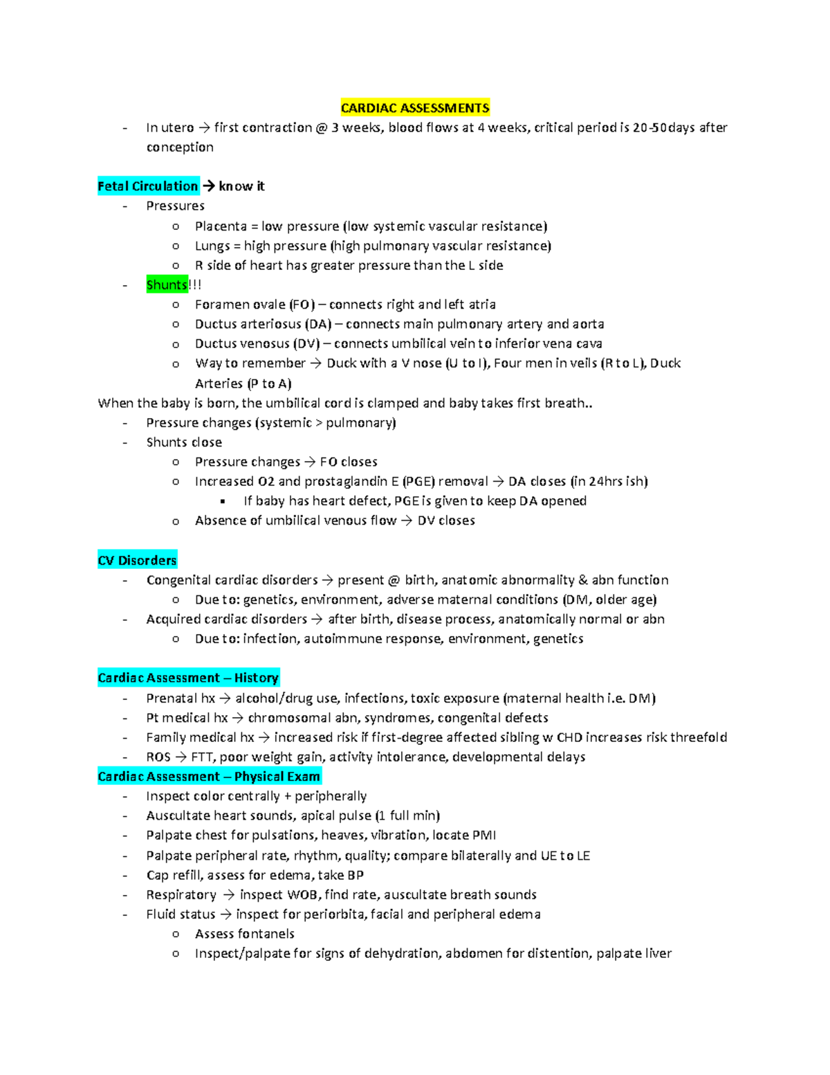 Peds Cardiac 1 - CARDIAC ASSESSMENTS In utero → first contraction @ 3 ...