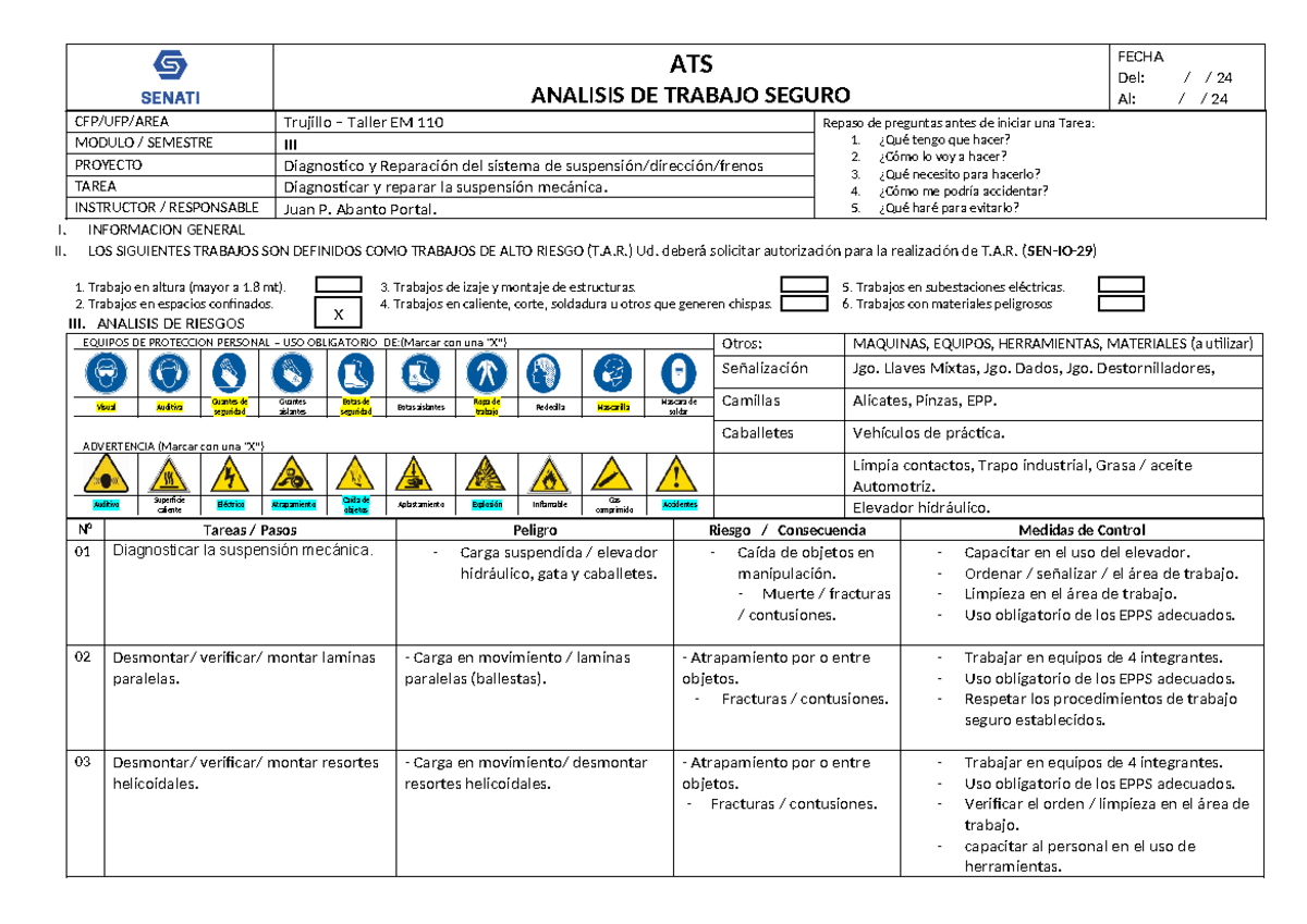 ATS formato Senati -Semana N° 1 - ATS ANALISIS DE TRABAJO SEGURO FECHA ...