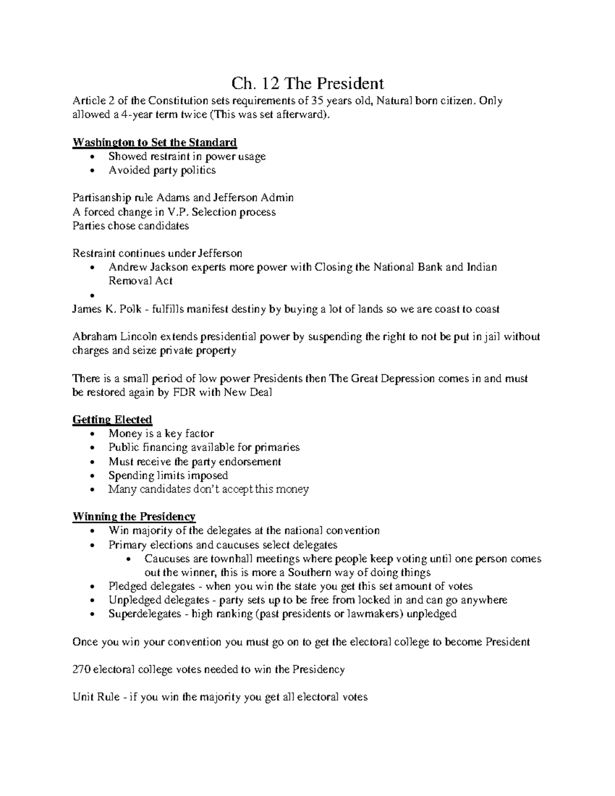 Pols 101 President - Lecture notes 11 - Ch. 12 The President Article 2 ...