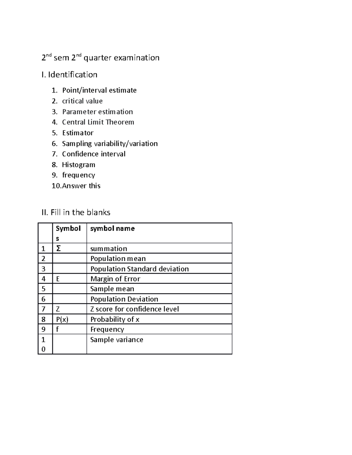 2nd sem 2nd quarter examination - 2 nd sem 2nd quarter examination I ...
