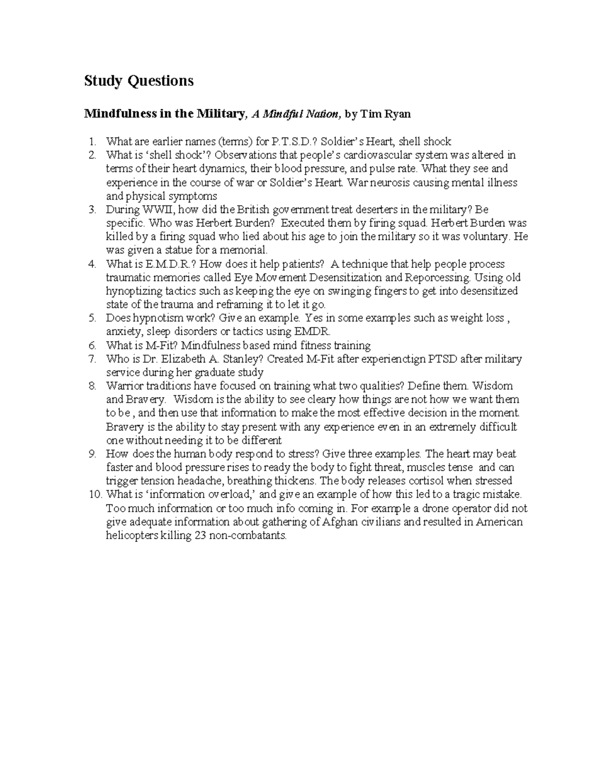 Study Q.Mindfulness in the Military - Study Questions Mindfulness in ...