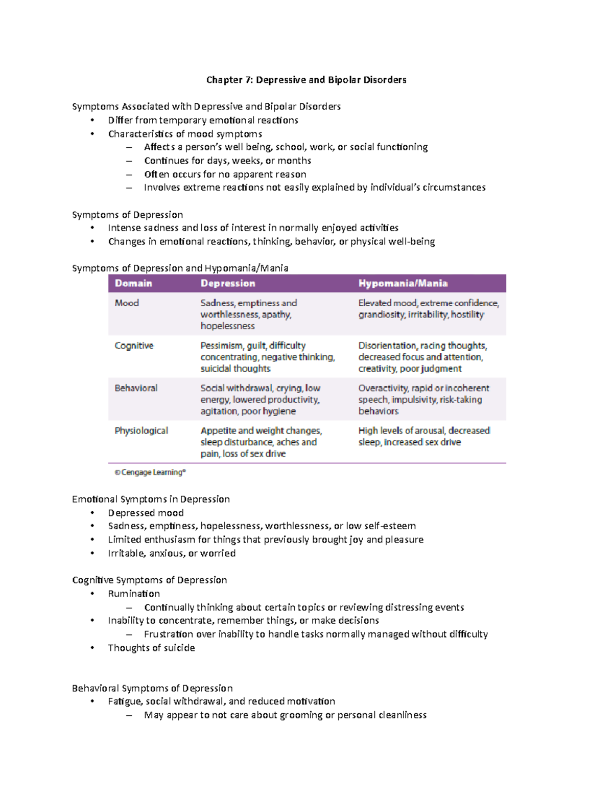 Chapter 7 Notes - Chapter 7: Depressive and Bipolar Disorders Symptoms ...